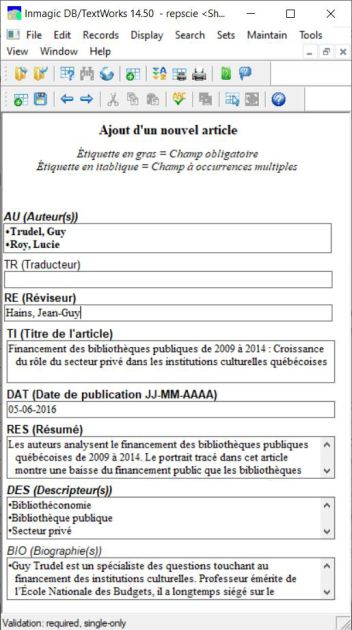 Exploitation de la structuration : Formulaire de saisie [SCI6005 ...